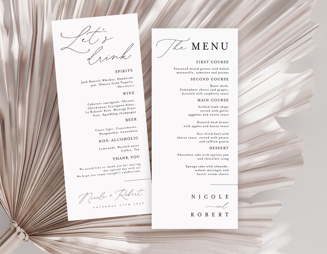Minimalist Wedding Menu Template, Wedding Rehearsal Dinner Menu Card ...