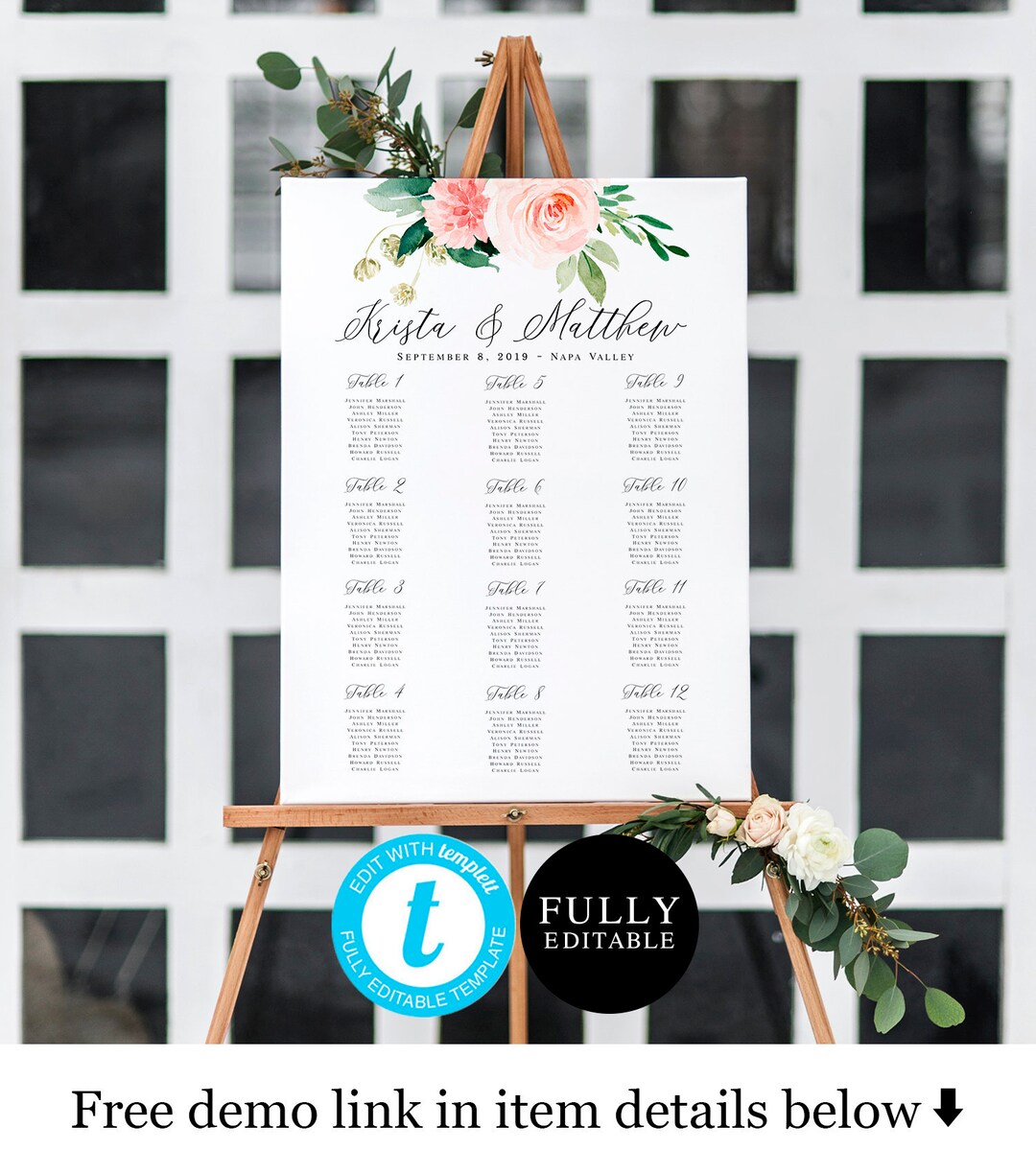 Template Seating Chart 100% Editable Printable Calligraphy DIY Boho ...