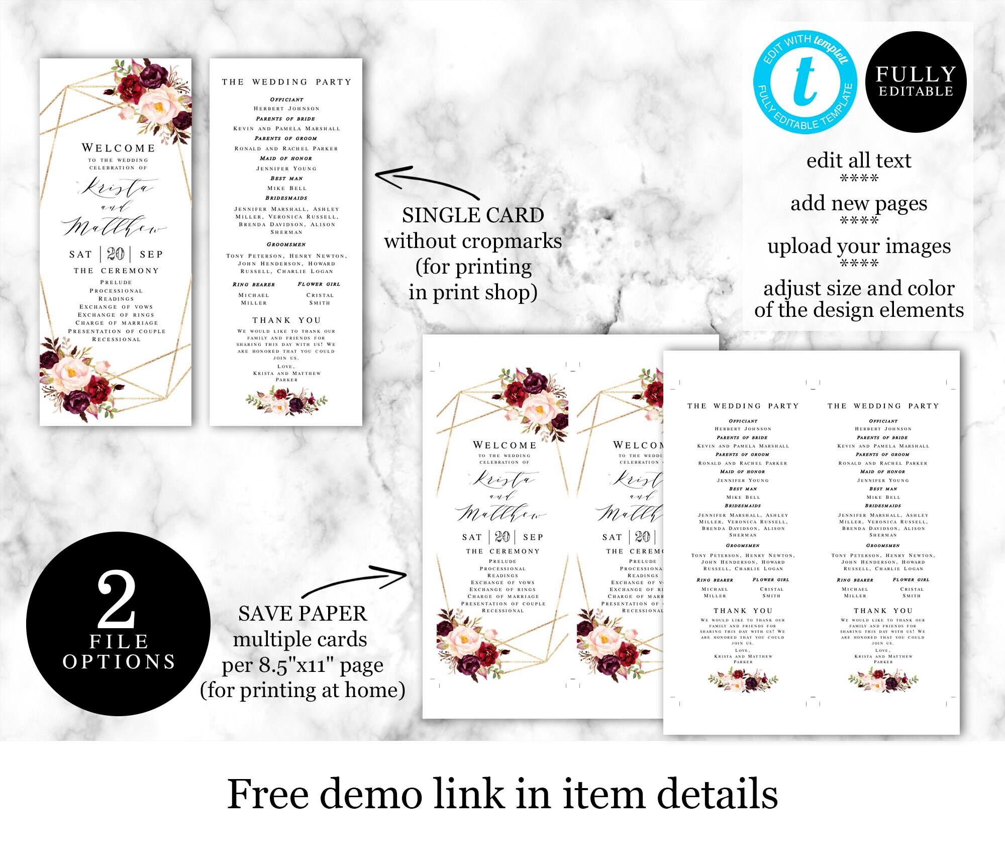 Geometric Wedding Day Program Template Order Of Events | Etsy