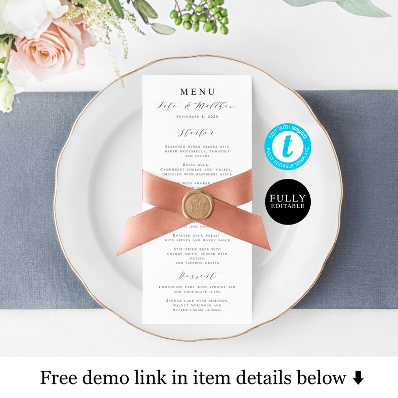 Template Menu Card Formal Wedding Dinner Fully Editable - Etsy