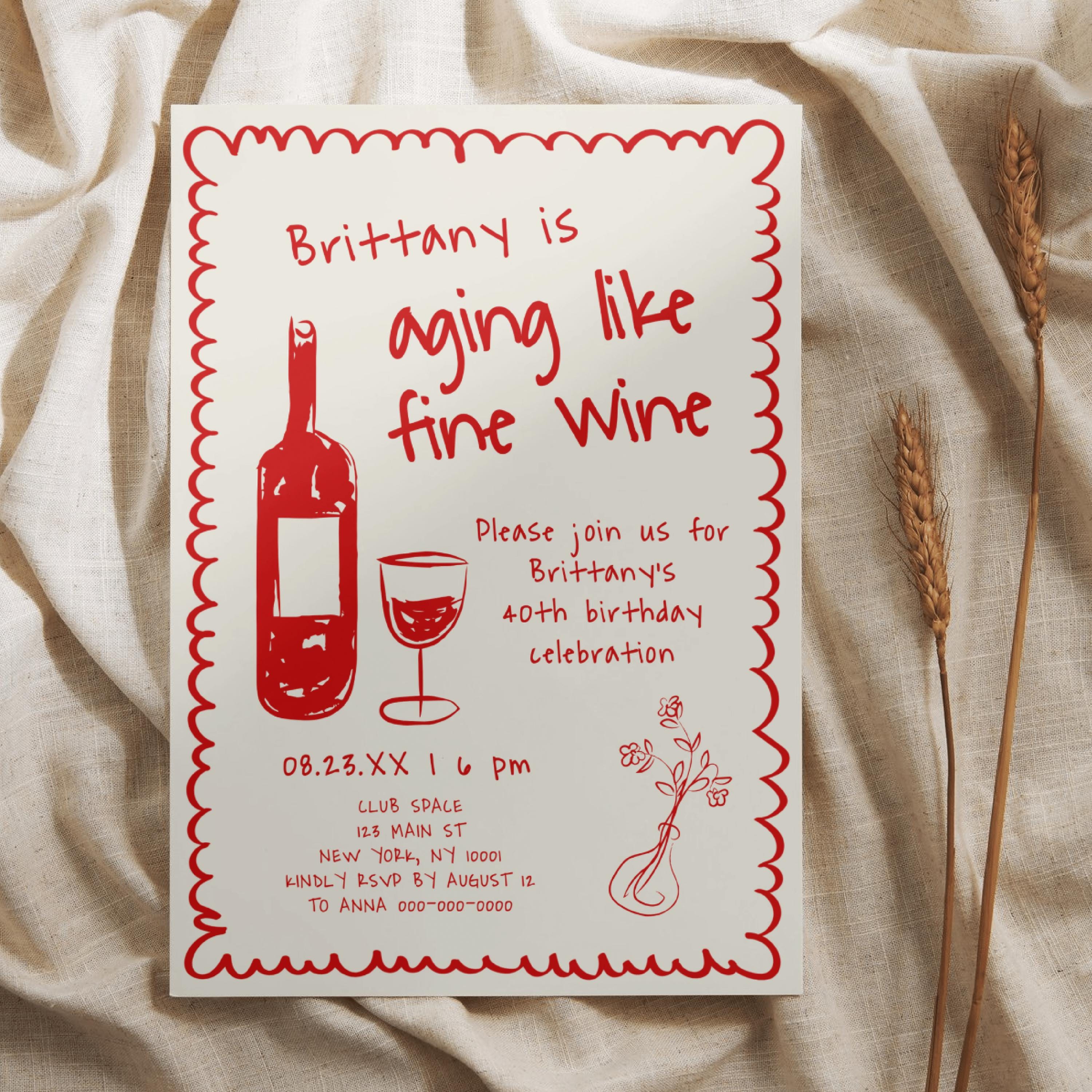 Aging Like Fine Wine Birthday Party Invitation, Aged to Perfection ...