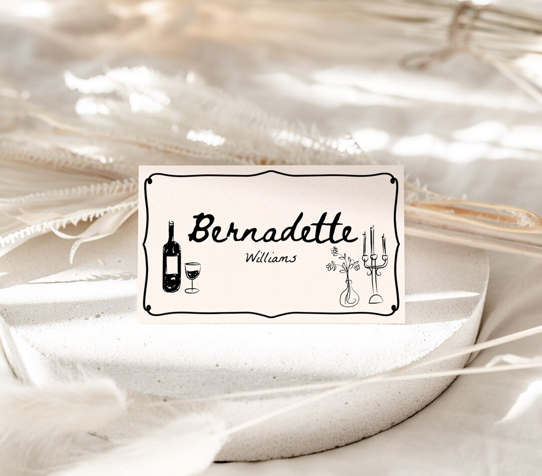 Place Card Template, Hand Drawn Wedding Place Card Template, Retro ...