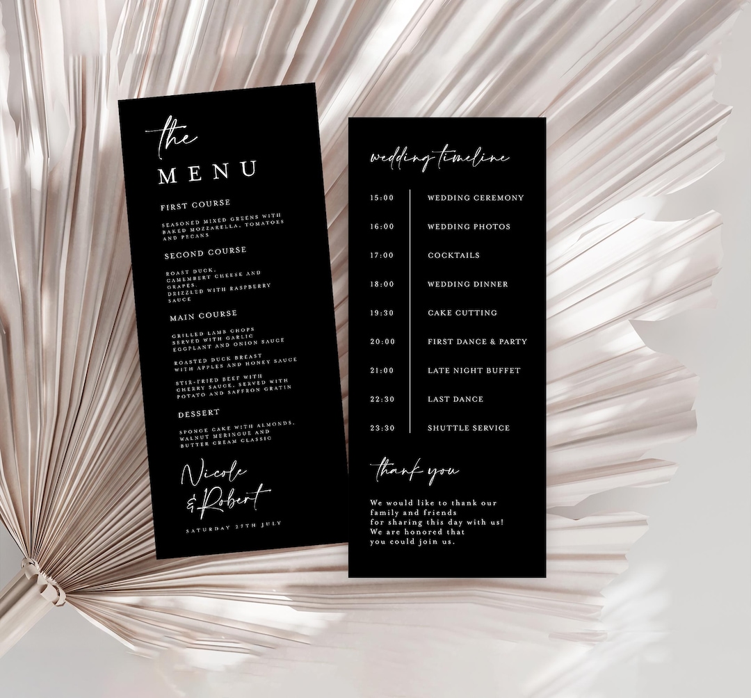 Menu and Itinerary Card Template, Black Wedding Menu and Timeline ...