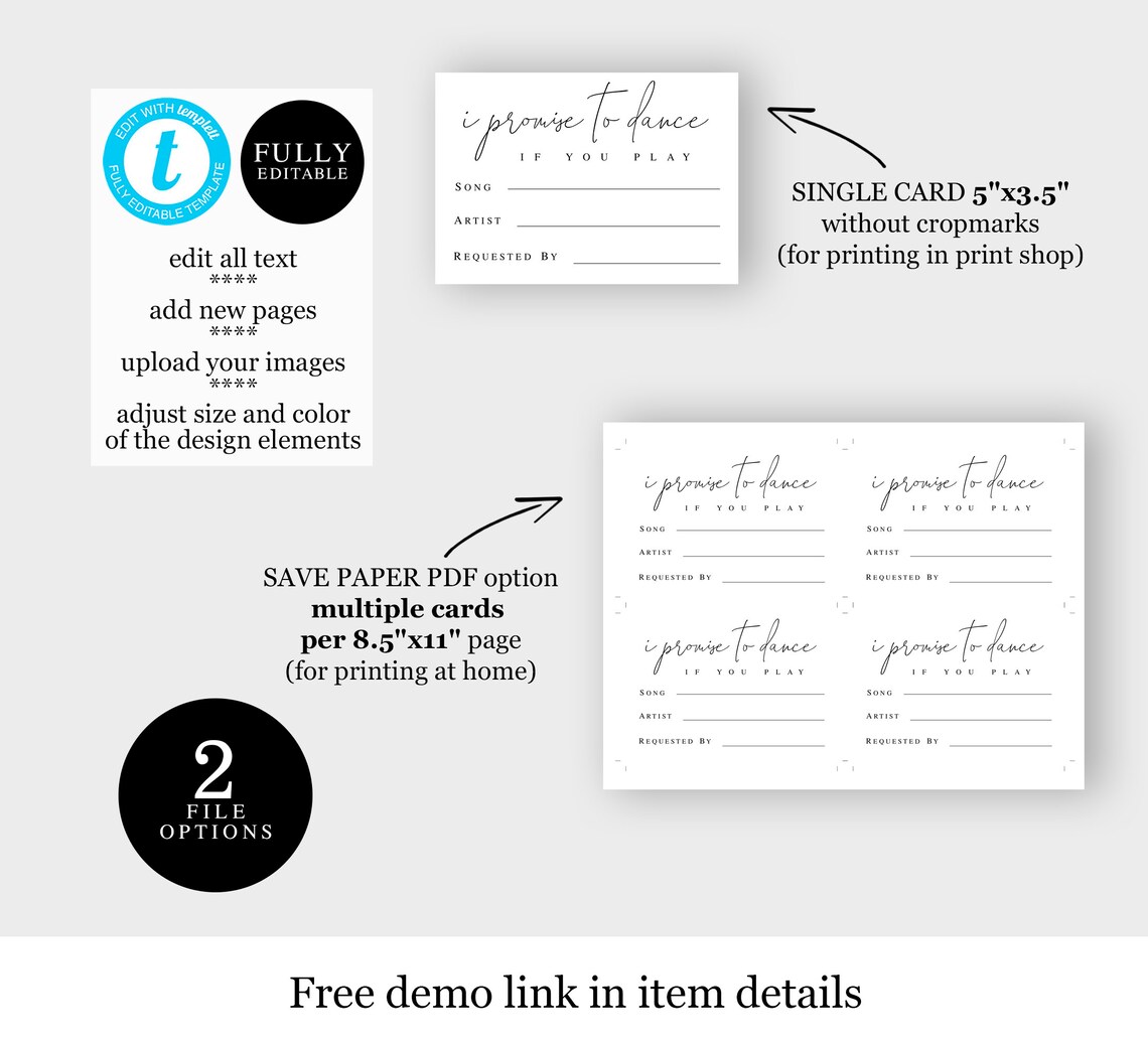 Song Request Card Template, Fully Editable Text, I Promise to Dance ...