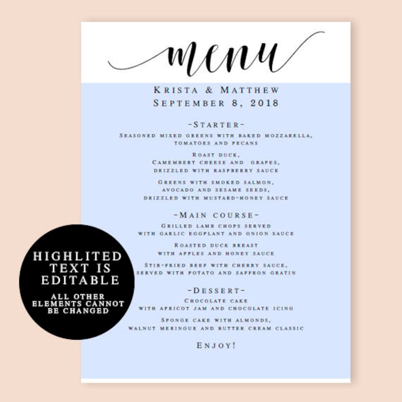 Wedding Menu Board Template Large Wedding Menu Template - Etsy