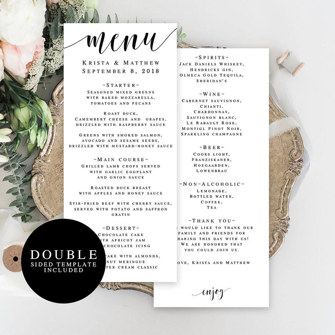 Wedding Menu Template Double Sided Editable Menu Card Wedding Table ...