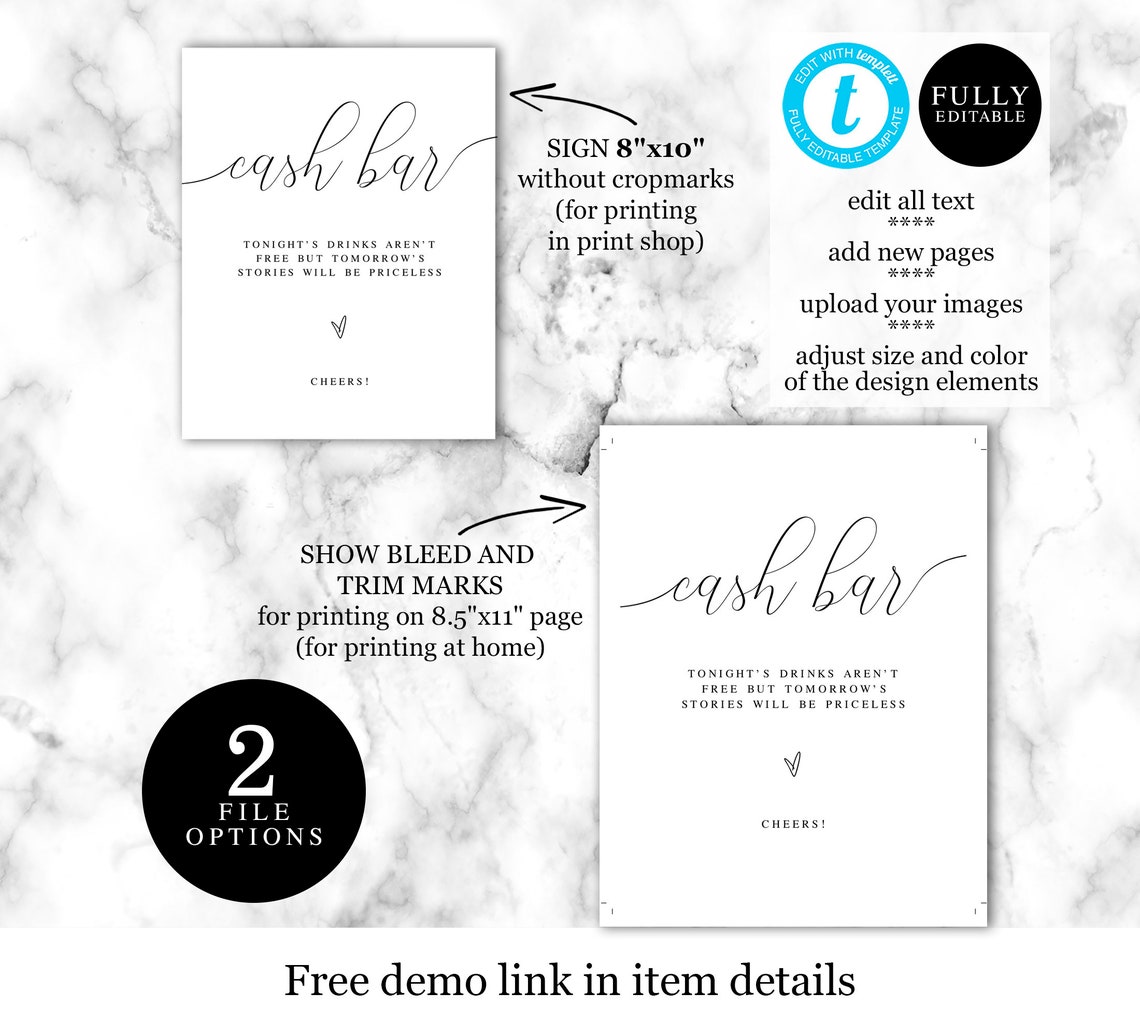 Minimalist Cash Bar Sign Template, Printable, Wedding Party, Edit With ...
