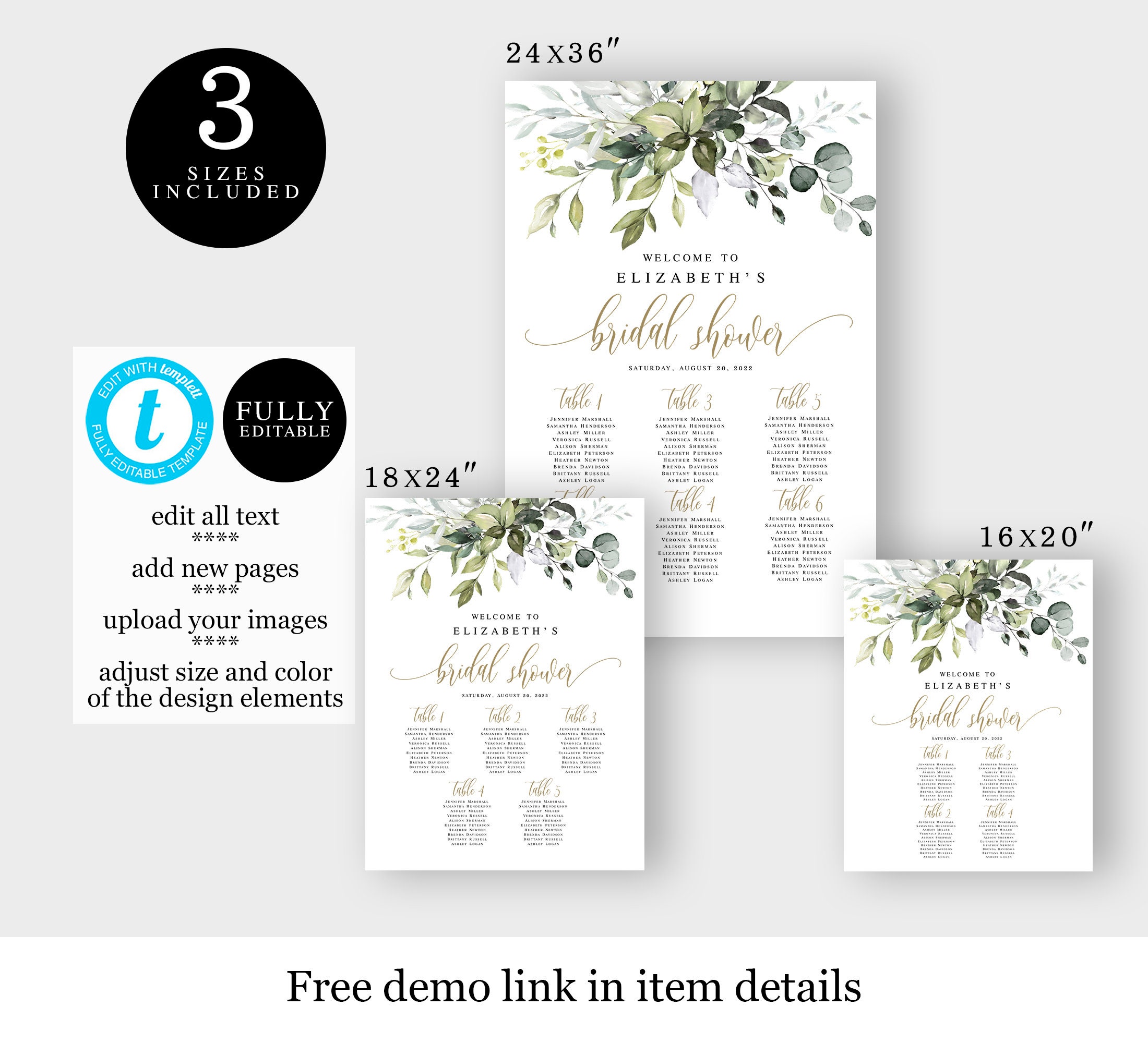 Greenery Gold Small Seating Chart Template Printable Welcome - Etsy