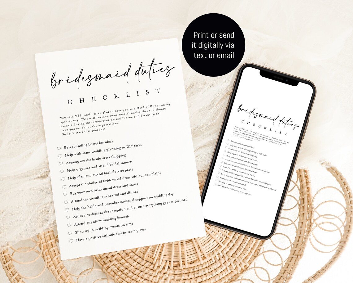 Bridesmaid Duties Checklist Template, Bridal Party Information, Instant ...