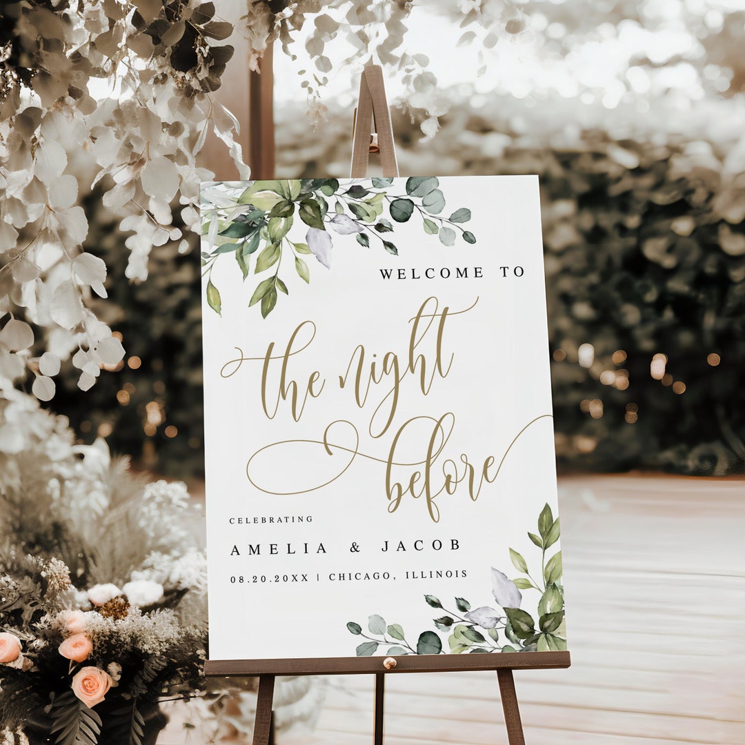 Greenery Welcome Sign, the Night Before, Rehearsal Dinner Welcome Sign ...