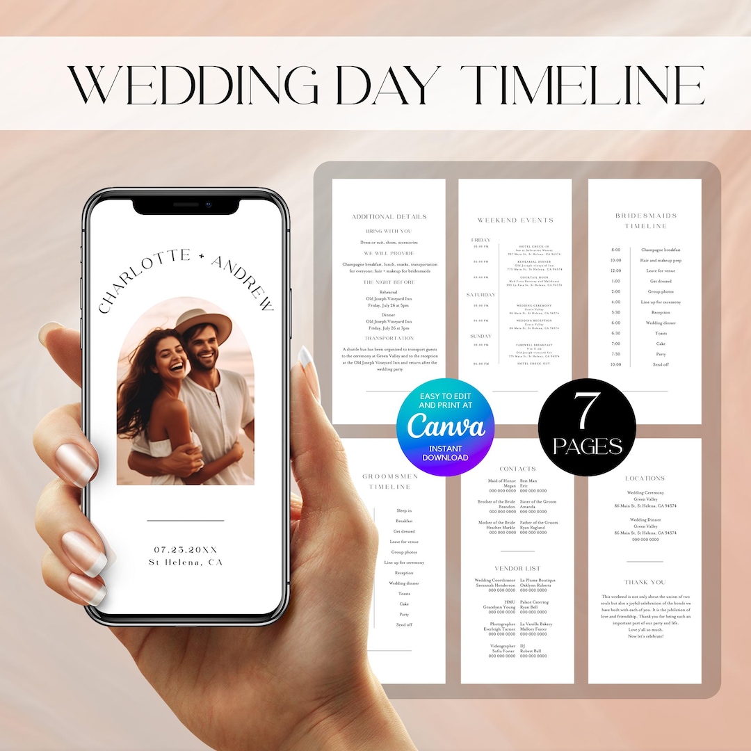Mobile Wedding Day Timeline Template, Editable Digital Wedding Day ...