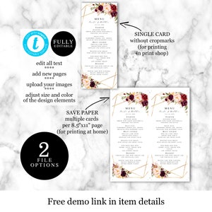 Template Menu Downloadable, Self-editing, Dinner, Printable, Bohemian ...