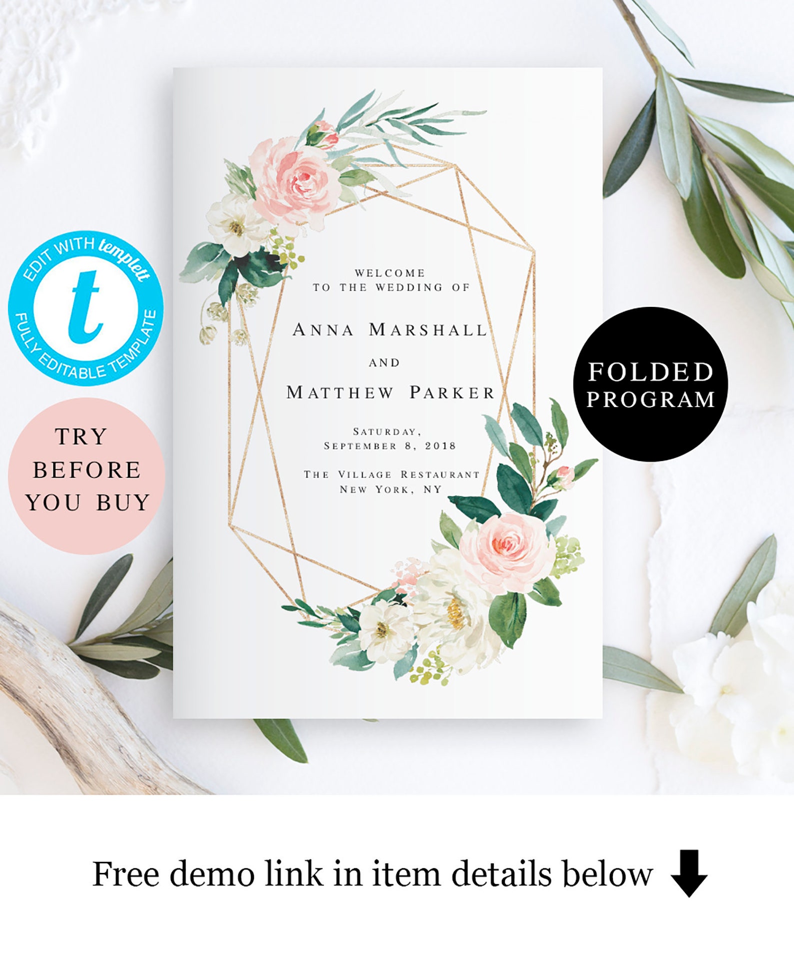 Floral Wedding Program Editable Folded Wedding Program - Etsy