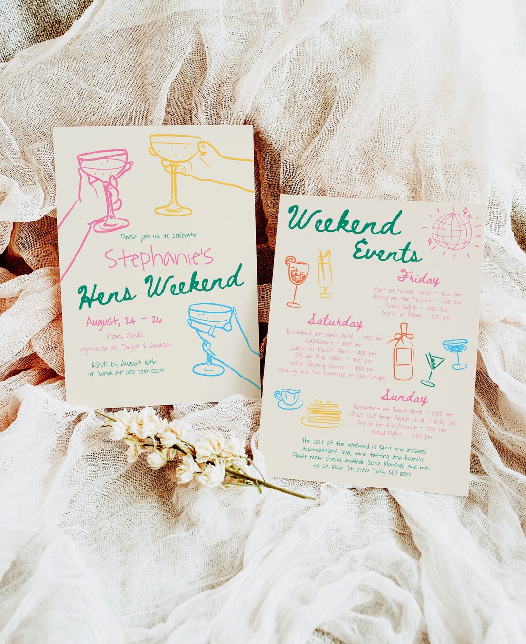 Colorful Bachelorette Weekend Events Itinerary Template, Hand Drawn ...