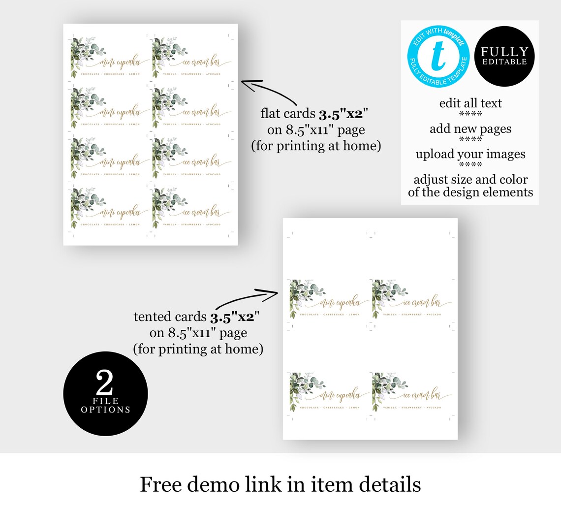 Greenery Gold Food Label Card Template Buffet Card for Bridal - Etsy