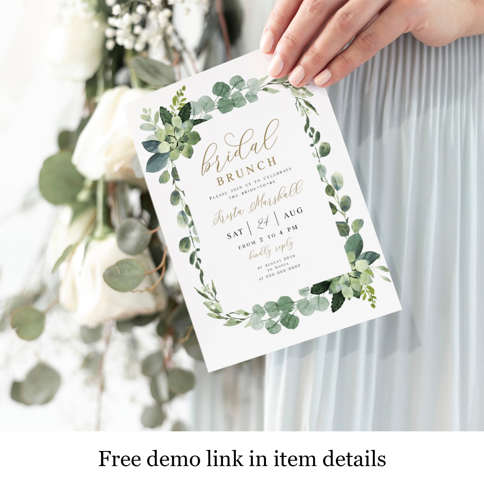 Greenery Gold Invitation Bridal Brunch Template Templett | Etsy