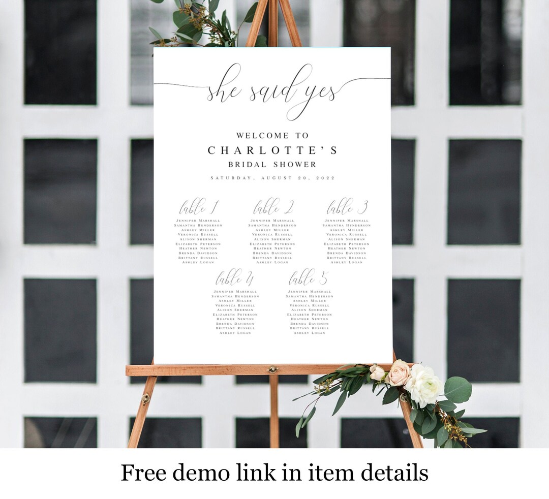 Small Seating Chart Template, Welcome to Bridal Shower, Edit With ...