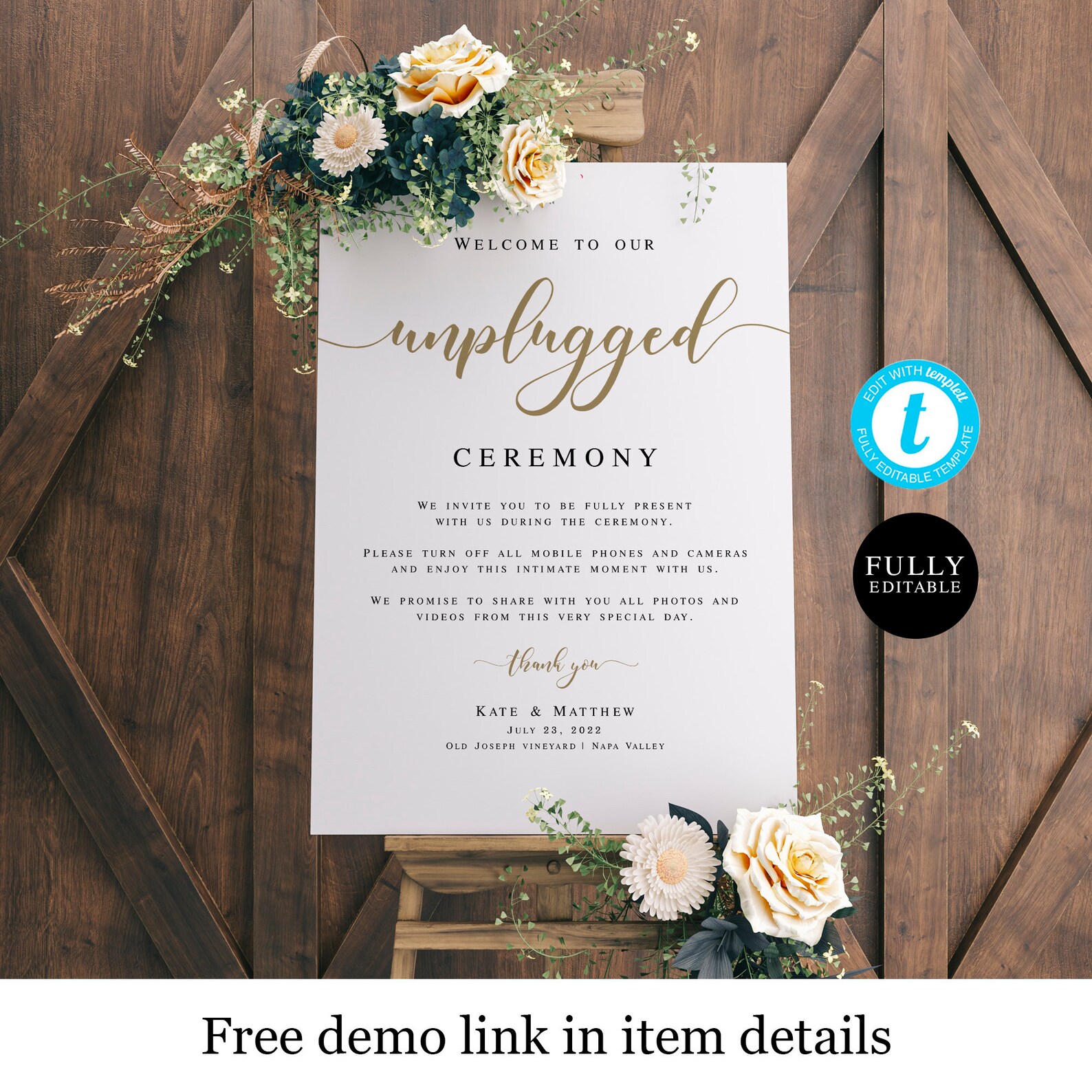 Gold Wedding Sign, Unplugged Ceremony, No Pictures, No Photos Please ...