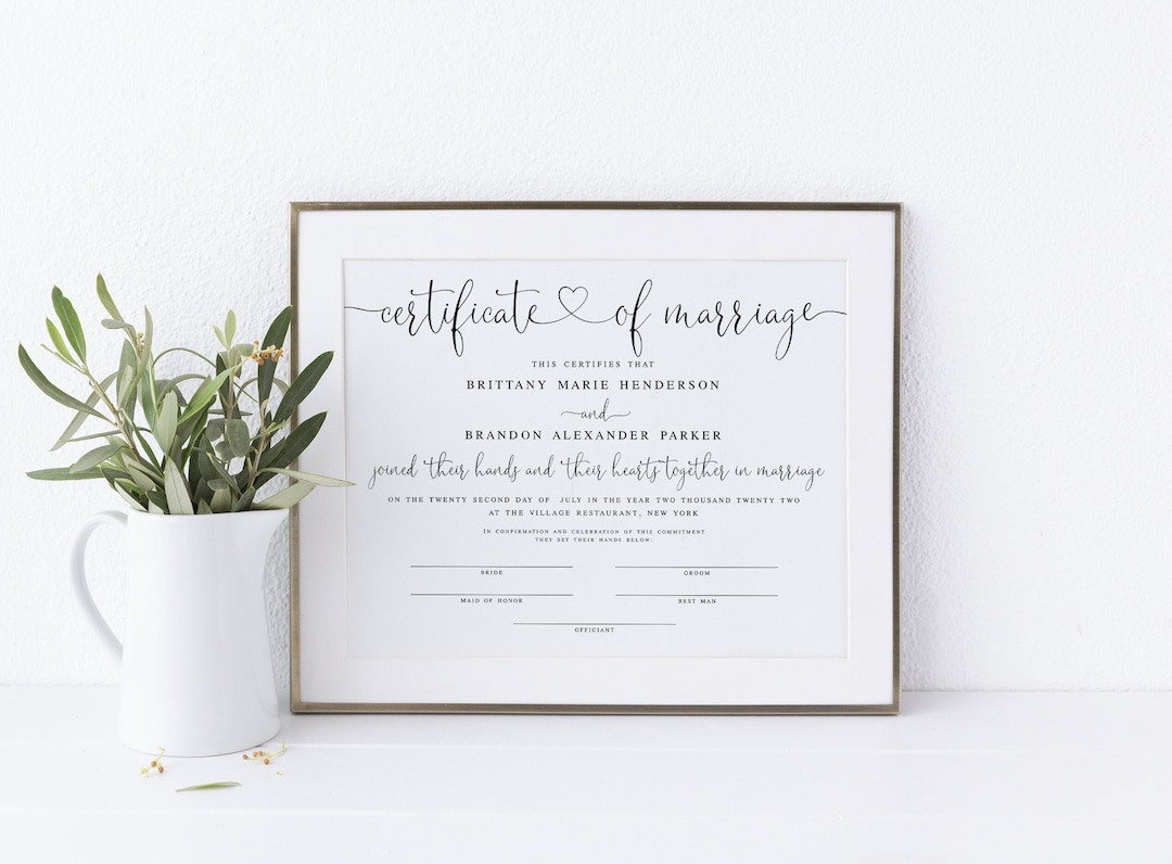 Romantic Certificate of Marriage Template, DIY Personalized Wedding ...
