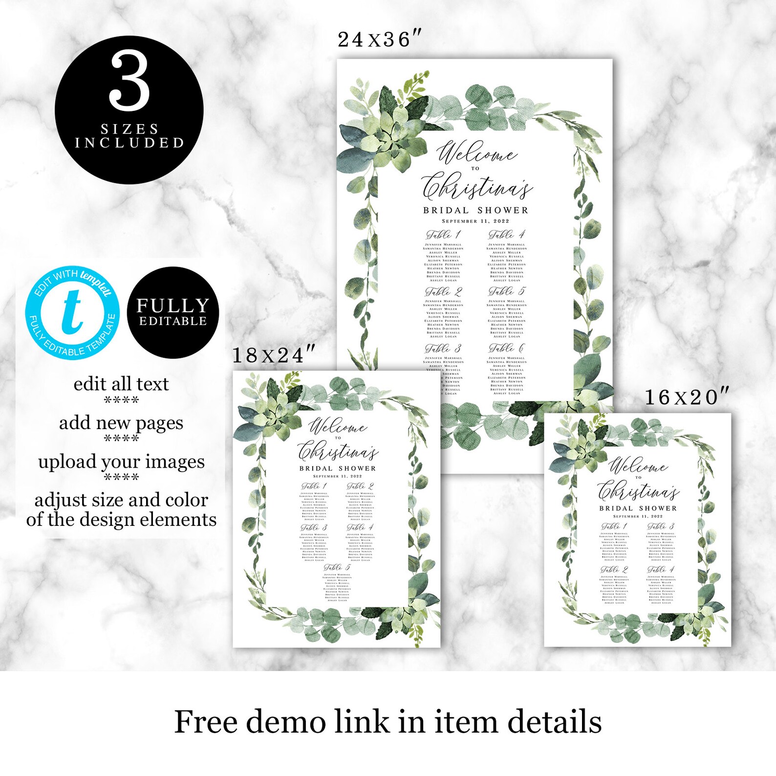 Small Seating Chart Template 4 5 or 6 Tables Bridal Shower - Etsy