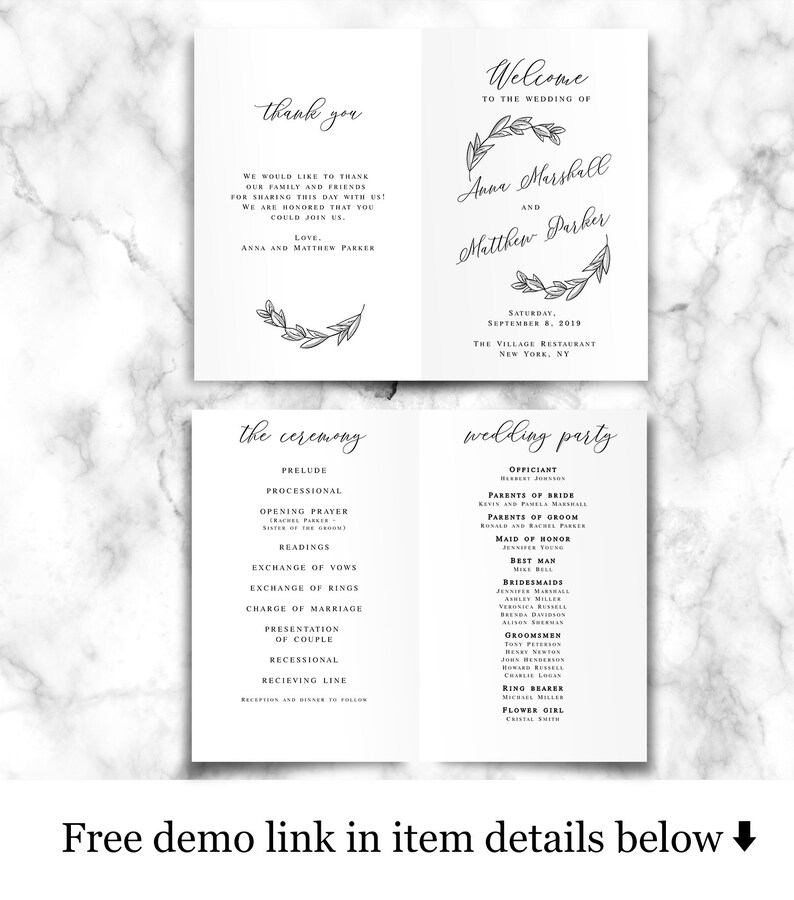 Templett Wedding Program Printable Bi-fold Wedding Program | Etsy