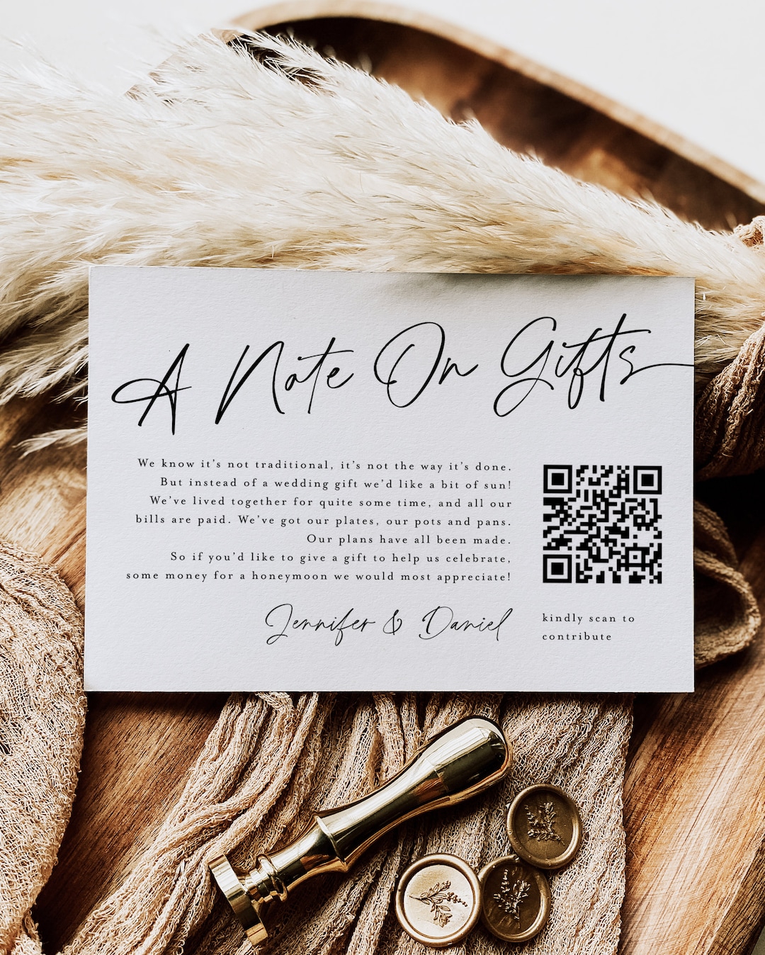 A Note on Gifts Card, Honeymoon Fund Card With QR Code, Honeyfund Card ...