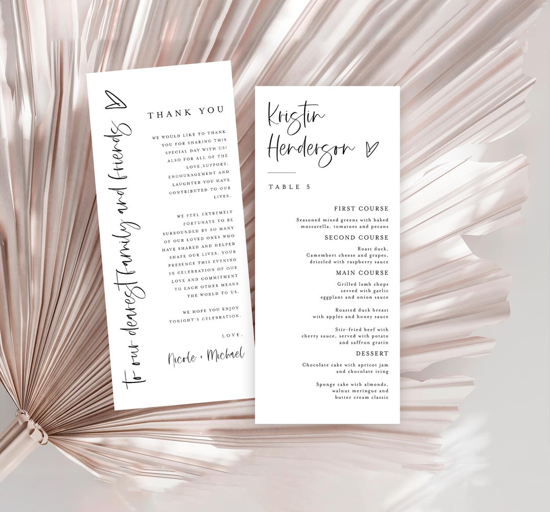 Wedding Menu Cards, Place Setting Cards, Modern Menu and Thank You Card ...