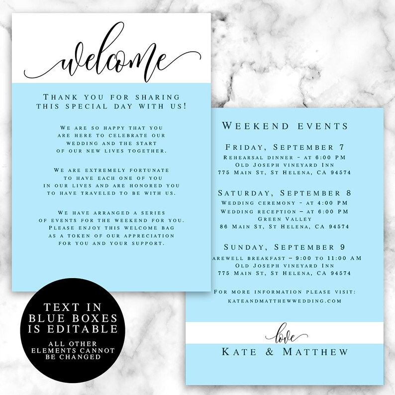 Wedding Welcome Bag Note Printable Wedding Template Itinerary - Etsy