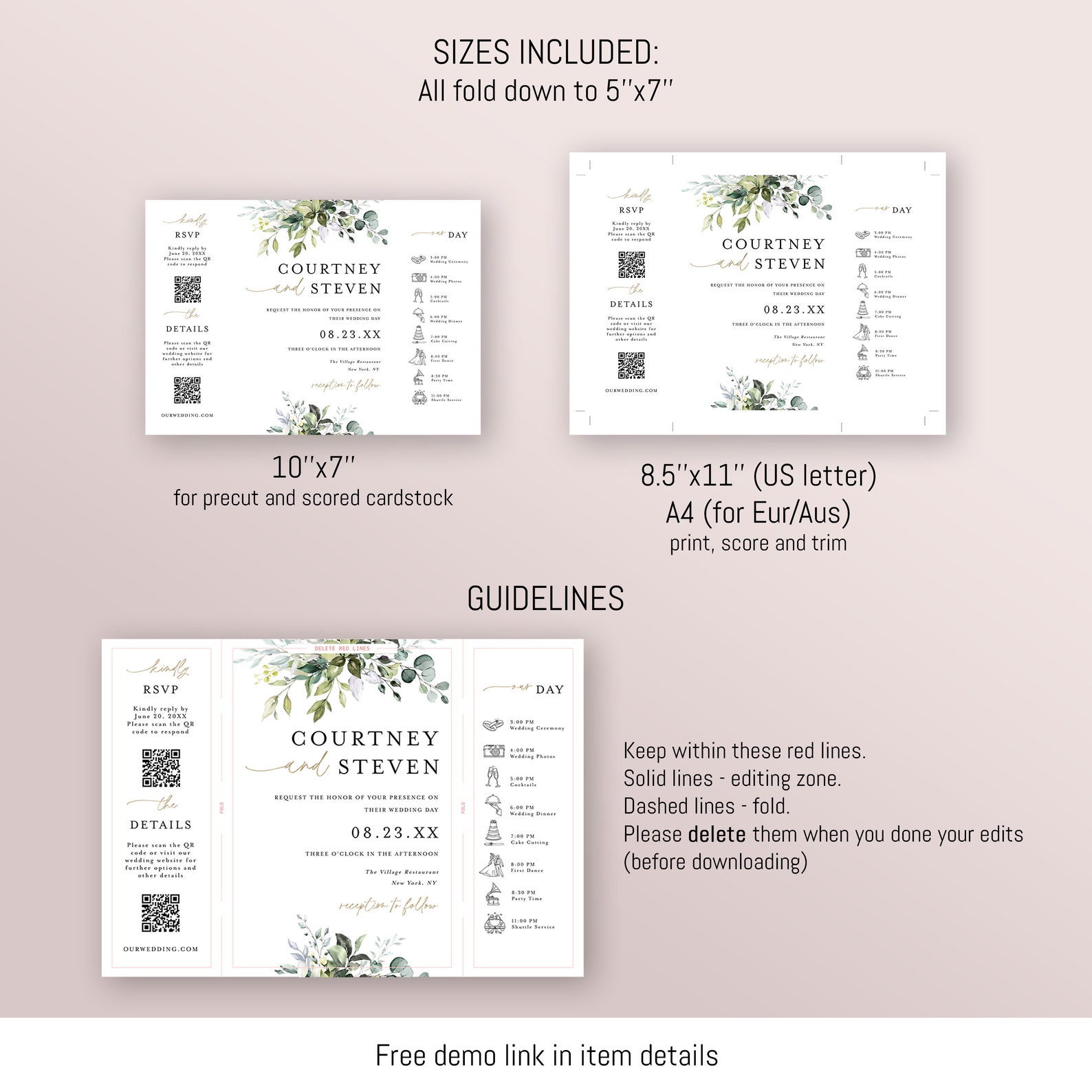 Gatefold Wedding Invitation With QR Code, Wedding Invite Template, QR ...