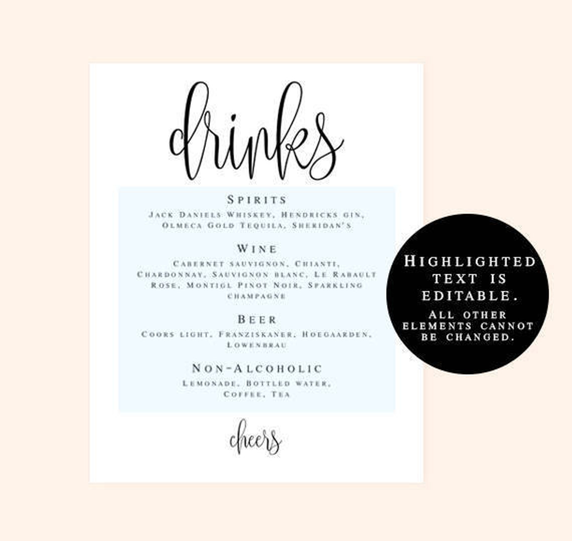 Wedding drink menu template Bar signs for wedding Editable | Etsy