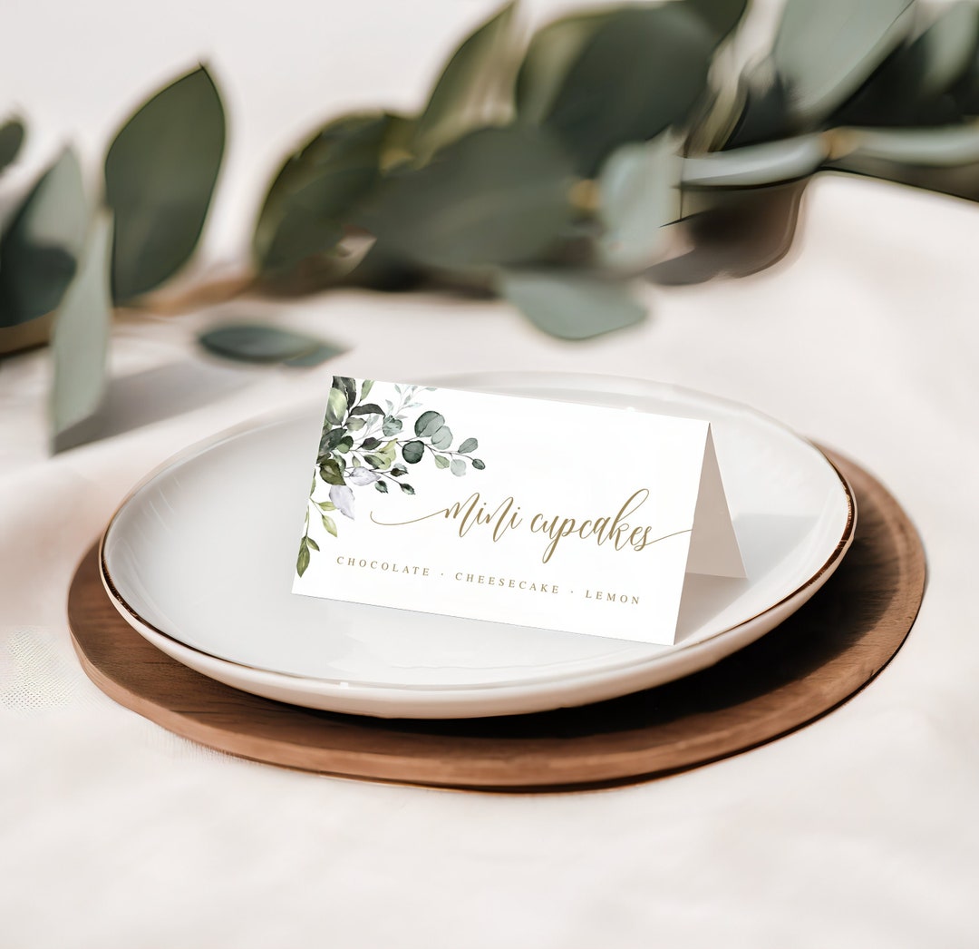 Greenery Gold Food Label Card Template, Buffet Card for Bridal Shower ...