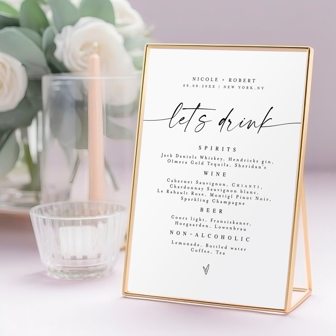 Wedding Bar Menu Sign, Editable Wedding Bar Menu Template, Minimalist ...