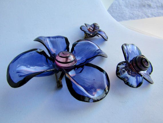 Vintage Set Cellulose Acetate Transparent Flower Desi… - Gem