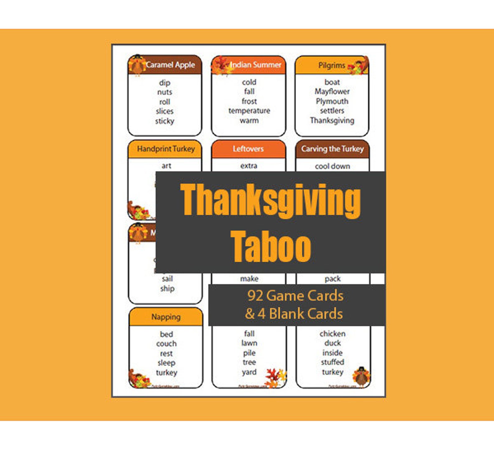 92 Thanksgiving Taboo Game Cards Printable Thanksgiving Party Game ...