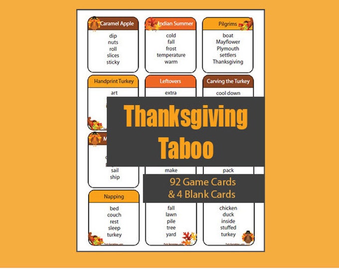 92 Thanksgiving Taboo Game Cards Printable Thanksgiving Party Game ...