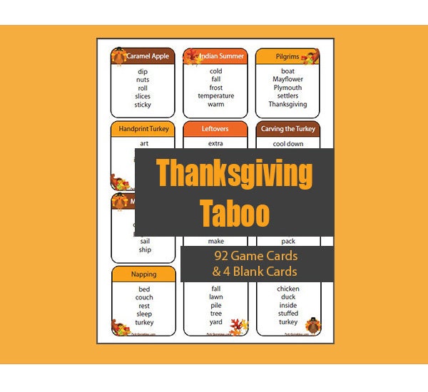 92 Thanksgiving Taboo Game Cards - Printable Thanksgiving Party Game ...