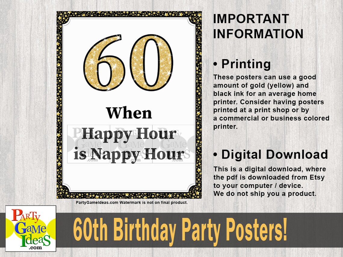 Funny 60th Birthday Party Posters, Printable Birthday Silly Jokes Signs ...