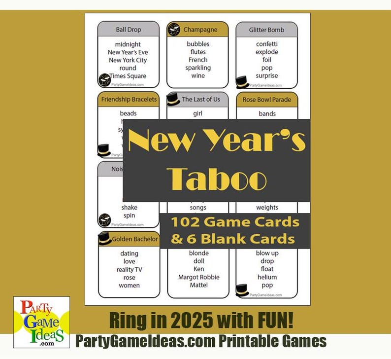 102 New Year's Taboo Game Cards, Welcome 2025! Printable New Year's Eve ...
