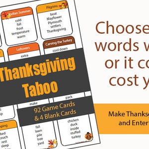 92 Thanksgiving Taboo Game Cards Printable Thanksgiving Party Game ...