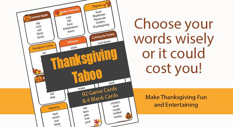 92 Thanksgiving Taboo Game Cards Printable Thanksgiving Party Game ...