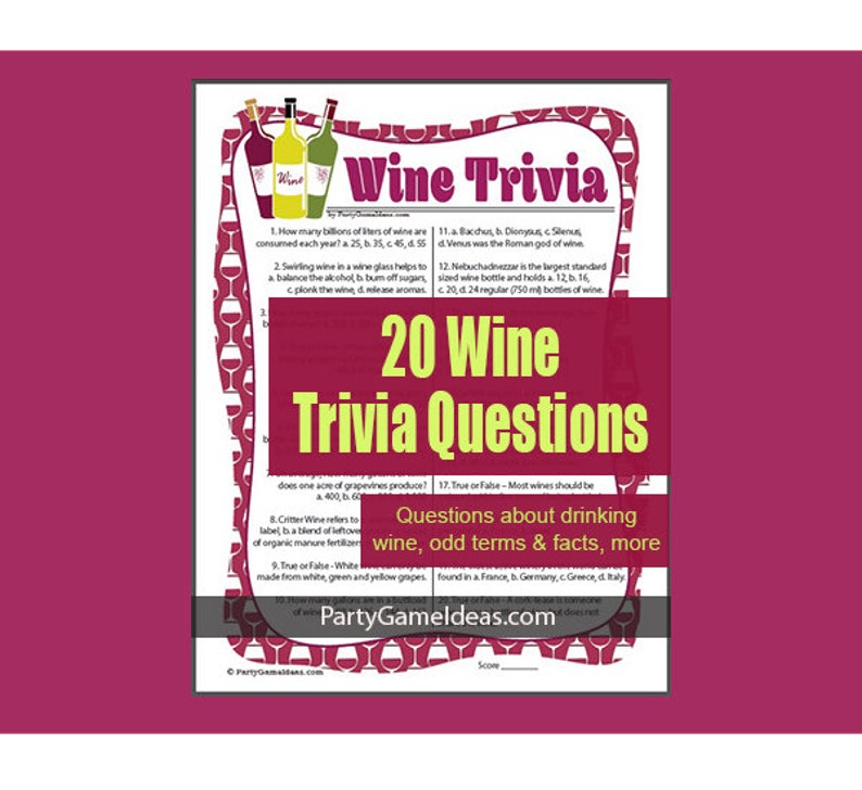 Wine Trivia Game - Printable 20 Wine Trivia Questions. Wine Tasting ...