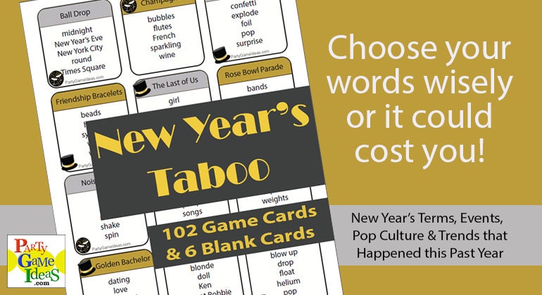 102 New Year's Taboo Game Cards, Welcome 2025! Printable New Year's Eve ...