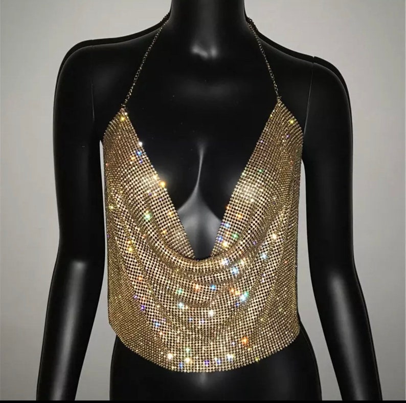 Hallie Rhinestone Backless Halter Chain Crop Top - Etsy