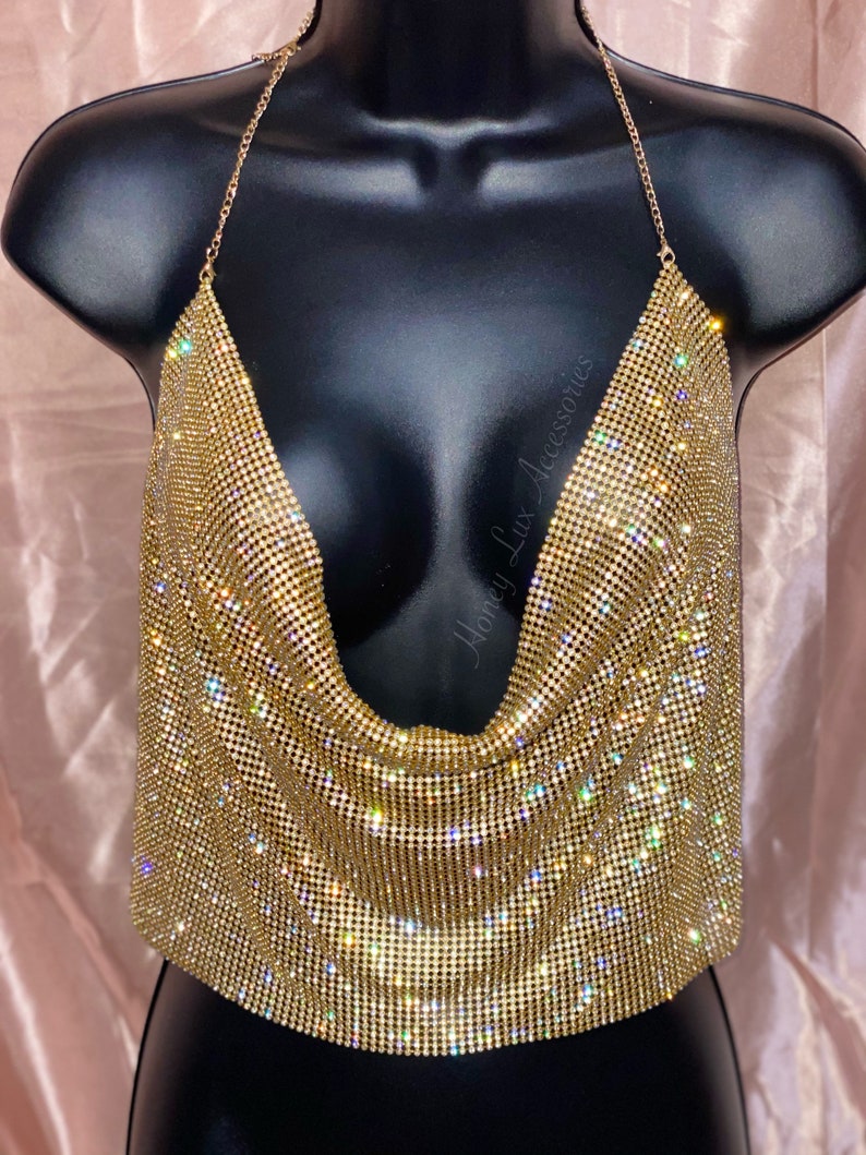 Hallie Rhinestone Backless Halter Chain Crop Top - Etsy