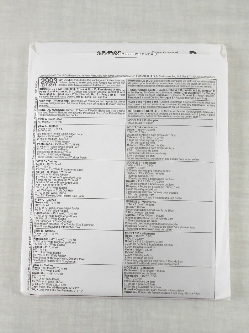 22 Inch Doll Pattern, Cloth Doll, Doll Clothes, Sewing Pattern, Mccall ...