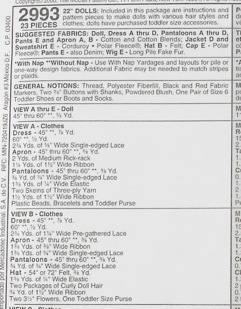 22 Inch Doll Pattern, Cloth Doll, Doll Clothes, Sewing Pattern, Mccall ...