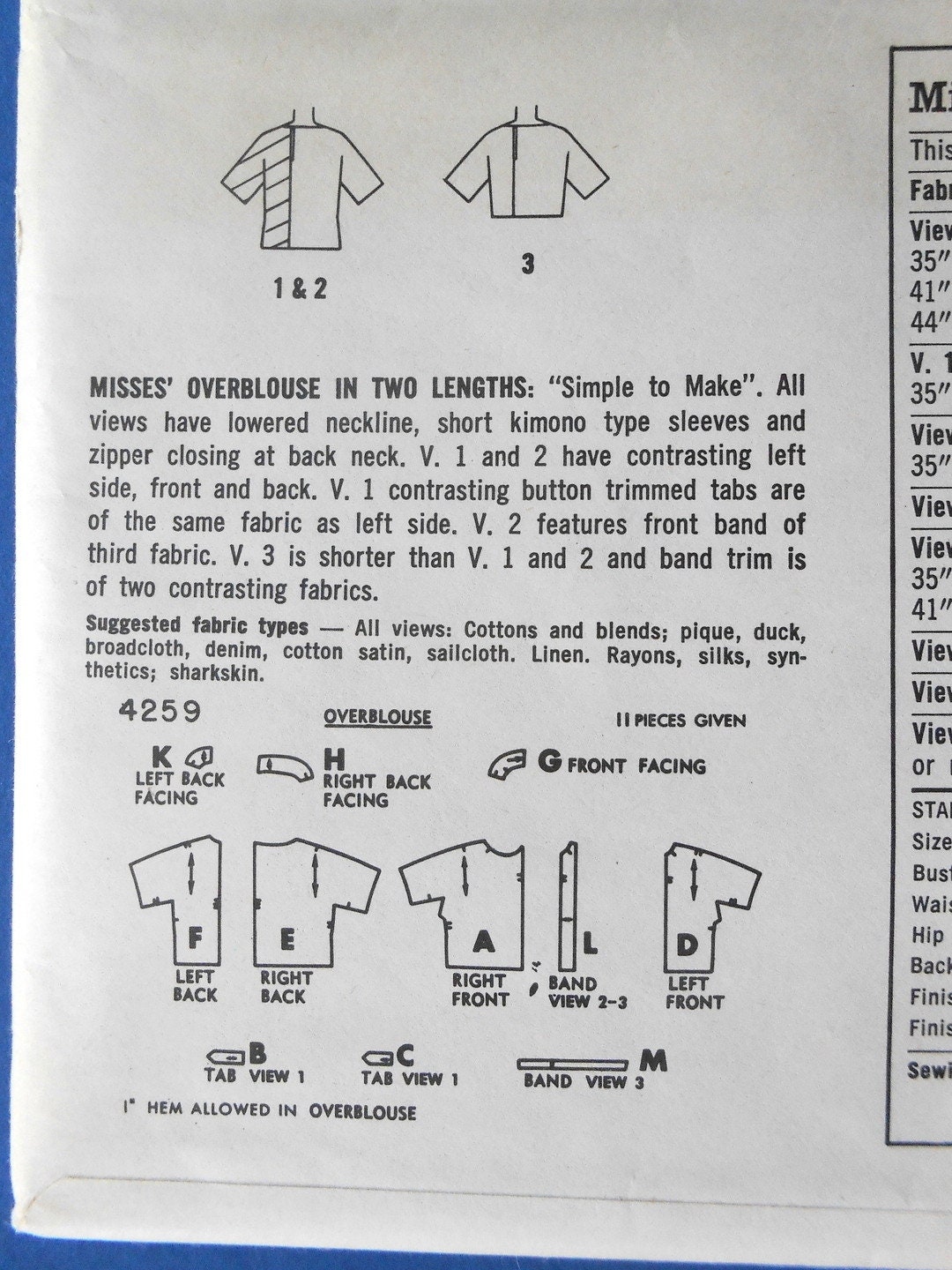 Vintage Overblouse, Sewing Pattern, 1960s Women Blouse, Size 16 Bust 36 ...