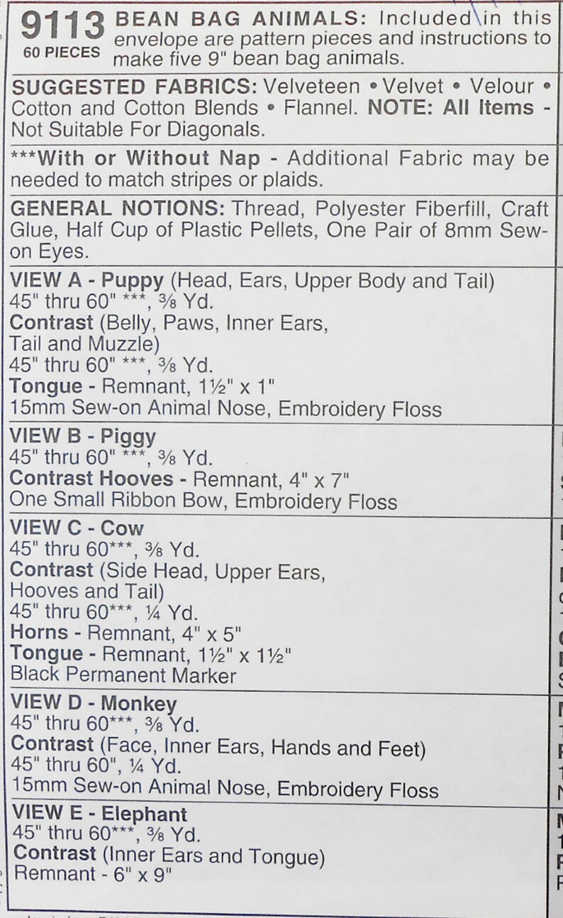 Bean Bag Animals, Sewing Pattern, Puppy Piggy, Cow Monkey, Elephant ...