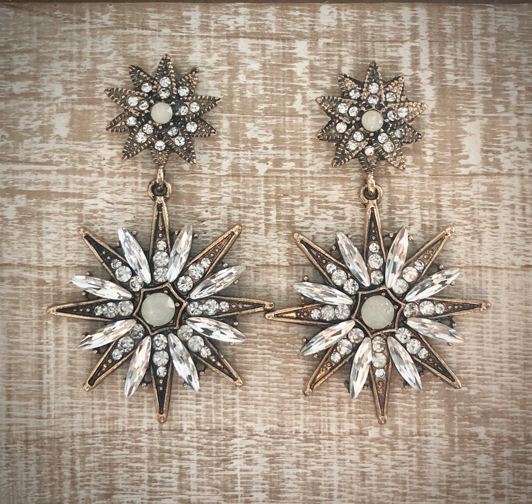 Star Bright Starburst Earring Rhinestone Crystal Art Deco Drop Dangle ...