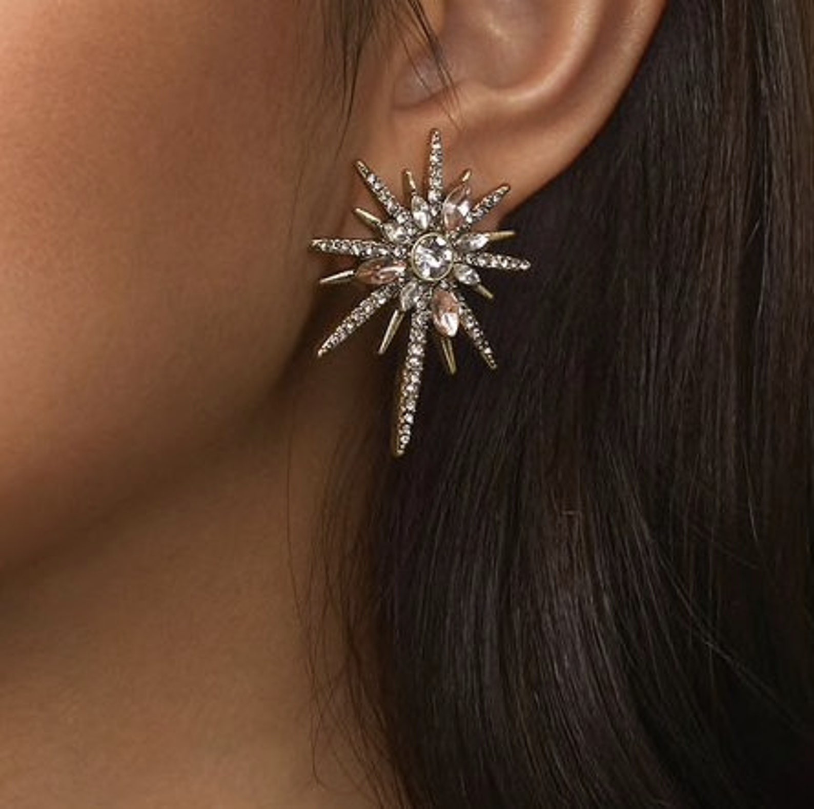 Celestial Star Starburst Stud Earring Rhinestone Crystal Art | Etsy